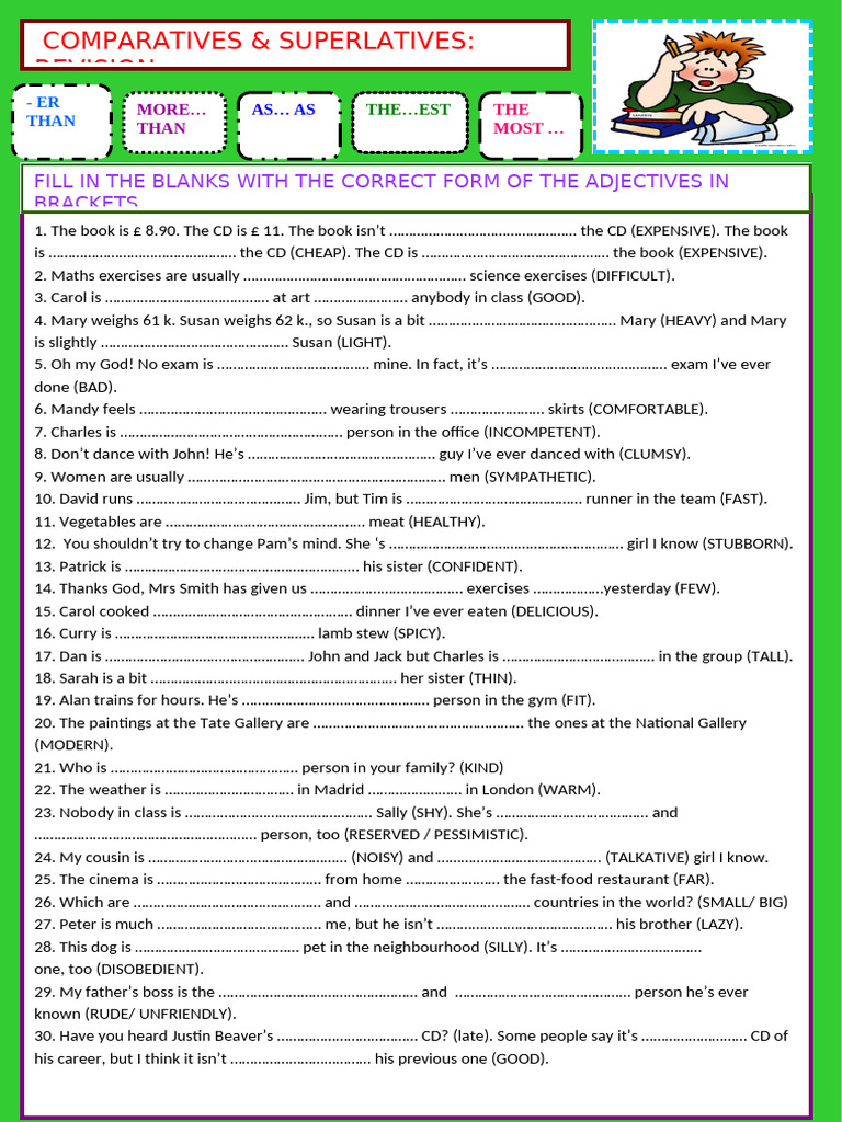 Comparatives Superlatives Revision - 68015 | PDF | Cuisine | Foods