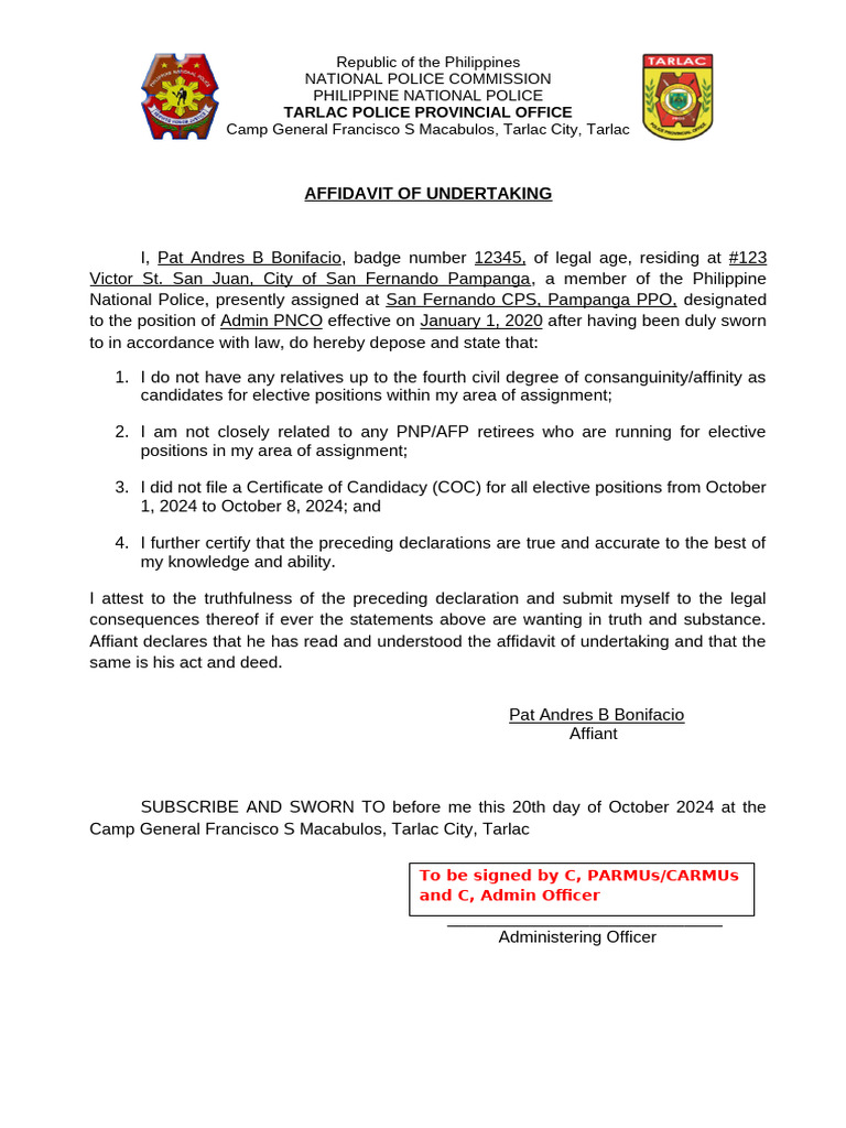 Affidavit of Undertaking - PNP Tarlac | PDF