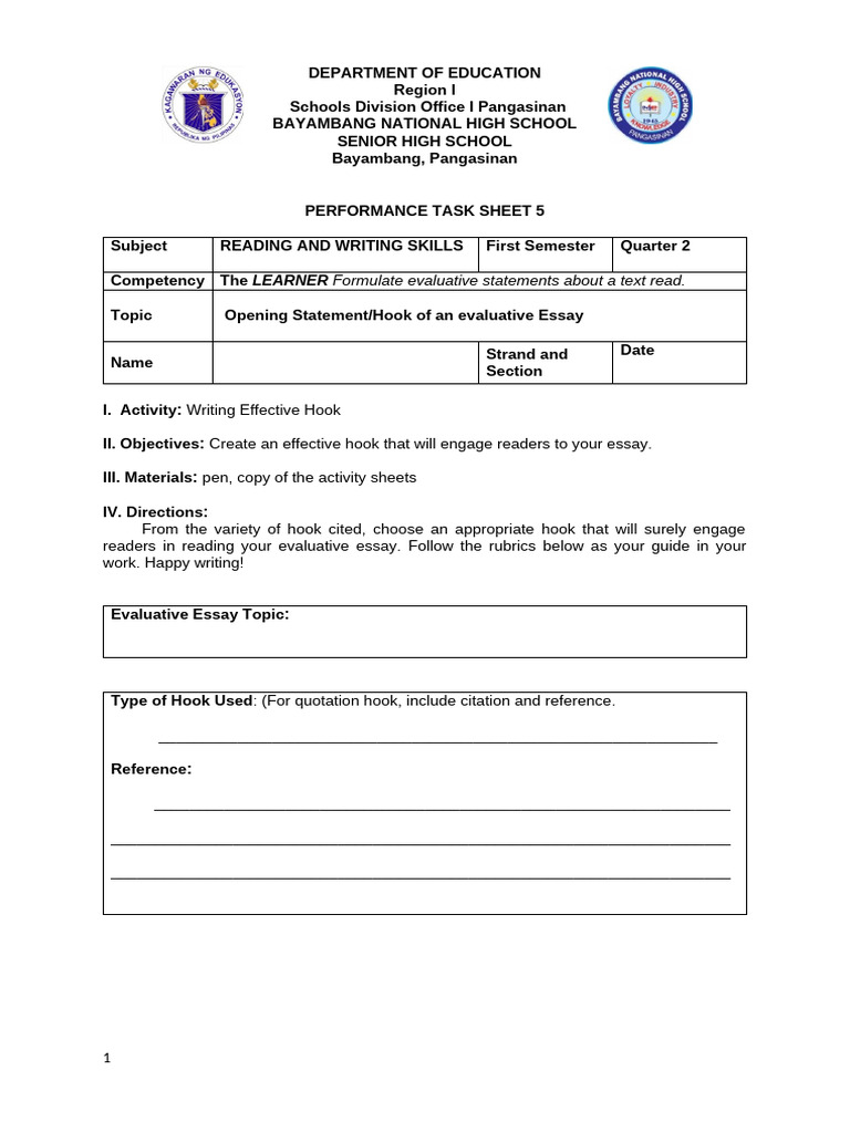 Performance Task On Hook Writing 1 | PDF | Essays | Learning