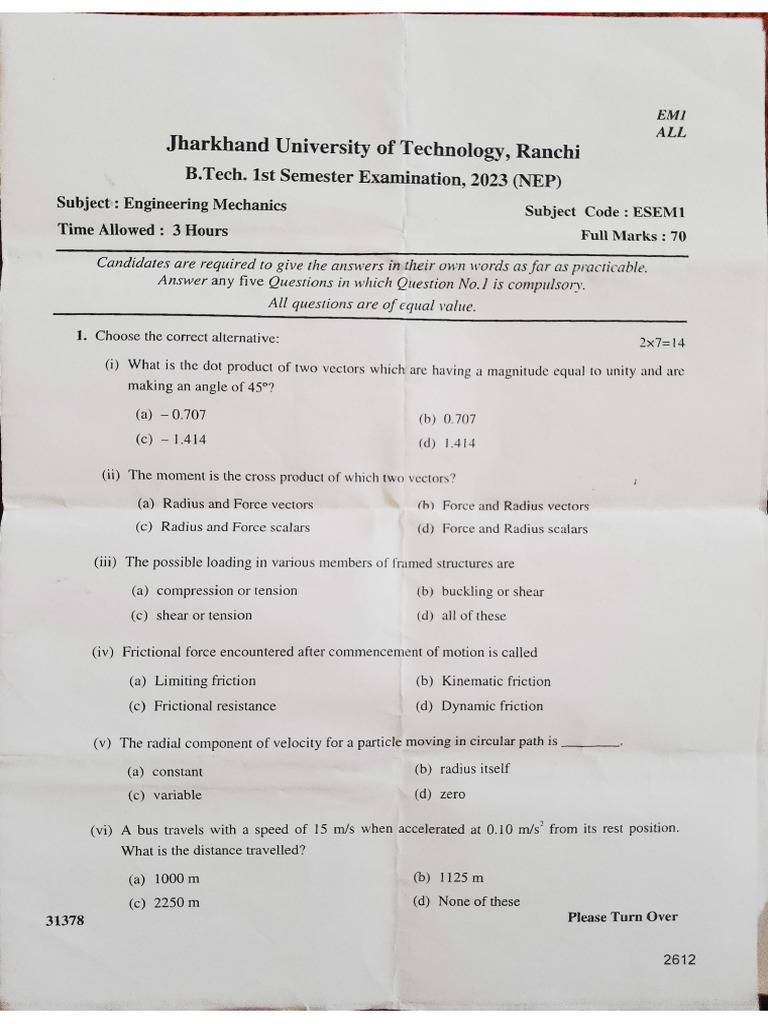 E.mech - B.tech 1st Semester - End Sem, 2023 | PDF