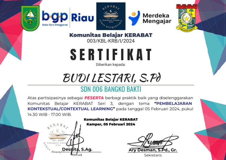 Budi Lestari, S.PD - Sertifikat Peserta Kombel Kerabat Seri 3 - SDN 006 Bangko Bakti | PDF