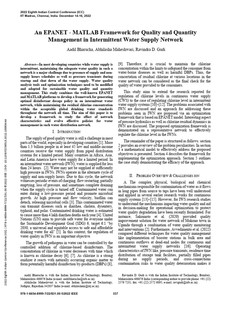 An EPANET - MATLAB Framework For Quality and Quantity Management in ...