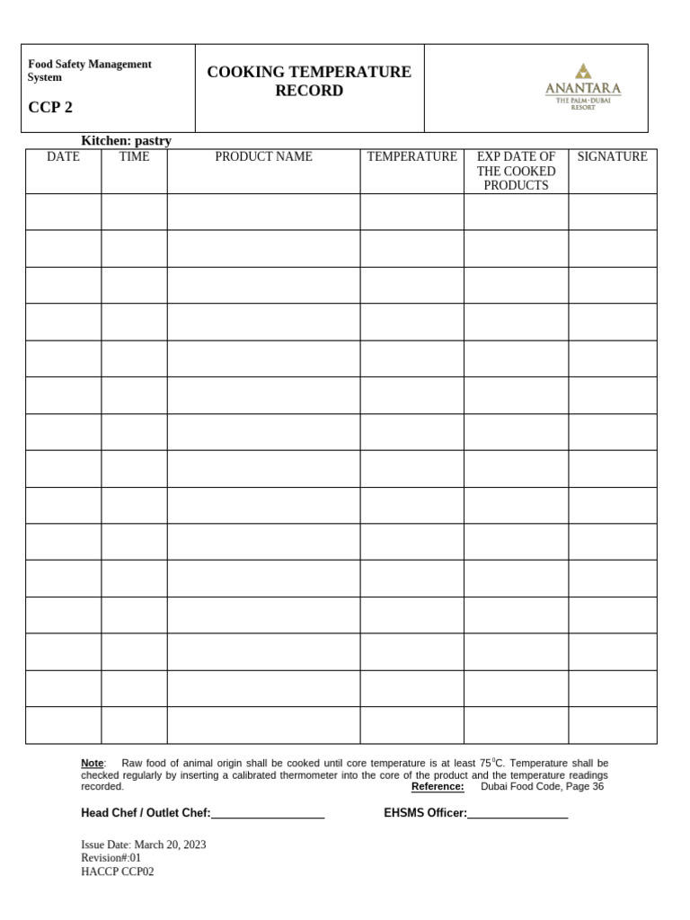 Cooking Temperature Record | PDF
