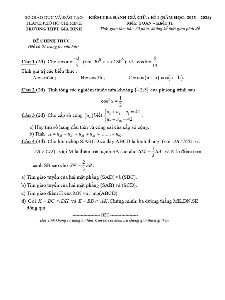 De Giua Ki 1 Toan 11 Nam 2023 2024 Truong THPT Gia Dinh TP HCM | PDF