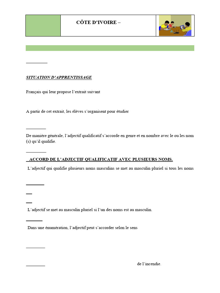Accord de l'adjectif en français 5e | PDF