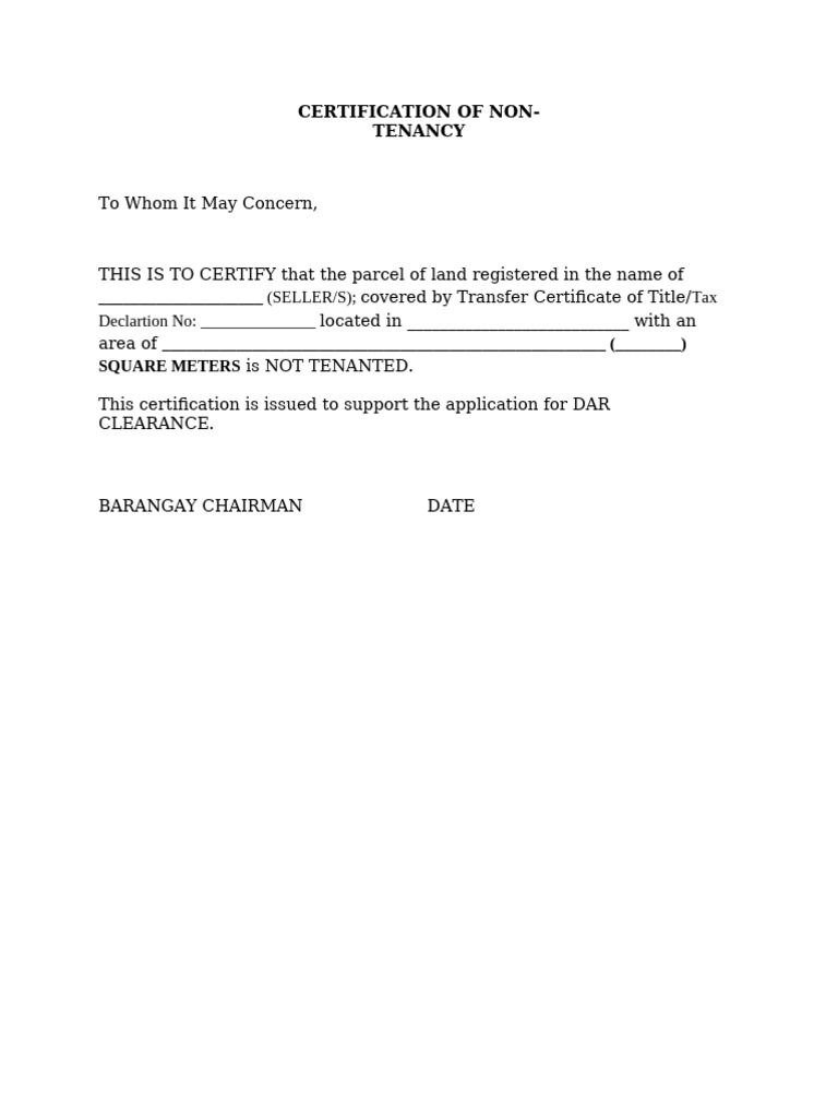 Barangay Certification of Non-tenancy | PDF