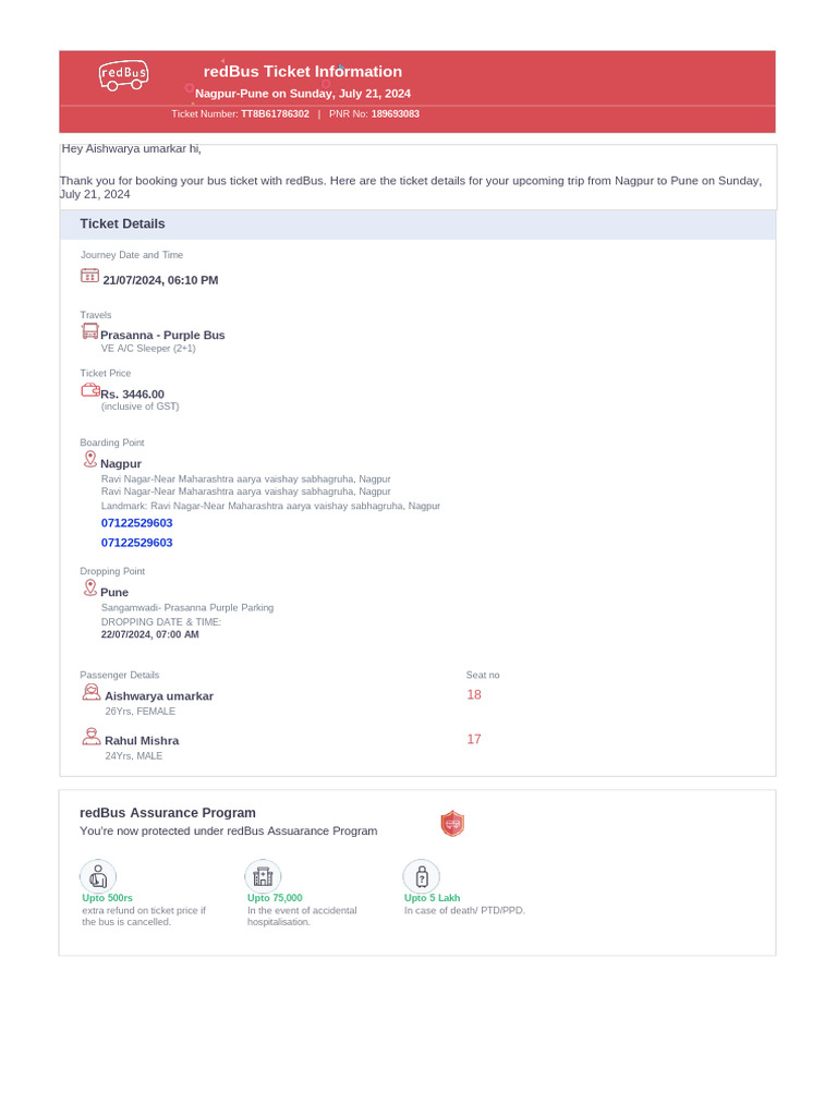 Nagpur to Pune Bus Ticket Details | PDF