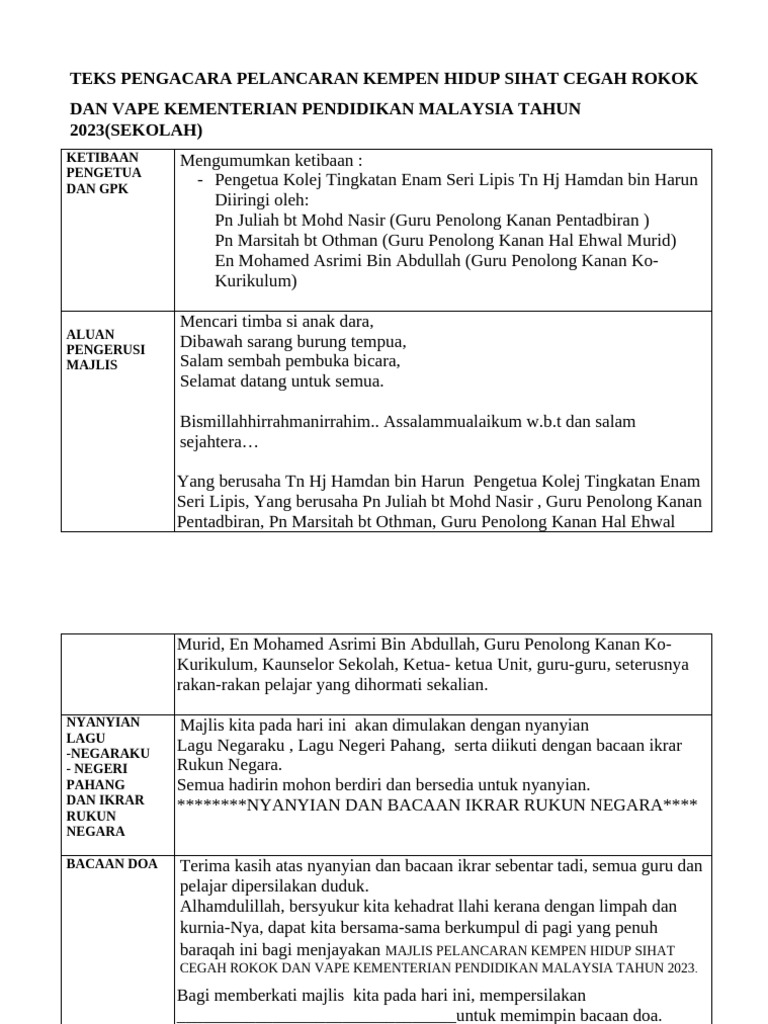Teks Pengacara Perhimpunan Rasmi Sekolah | PDF
