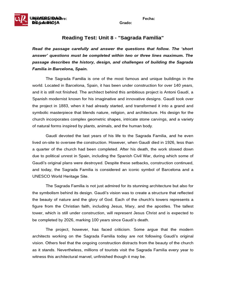 Reading Test Unit 8 | PDF