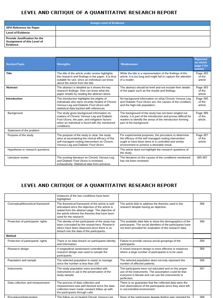 Level and Critique For A Quantitative Research Report - Template ...