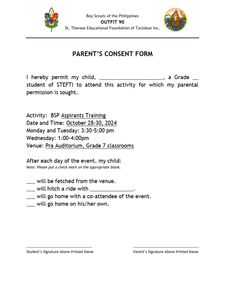 Parents Consent Form Aspirants Training | PDF