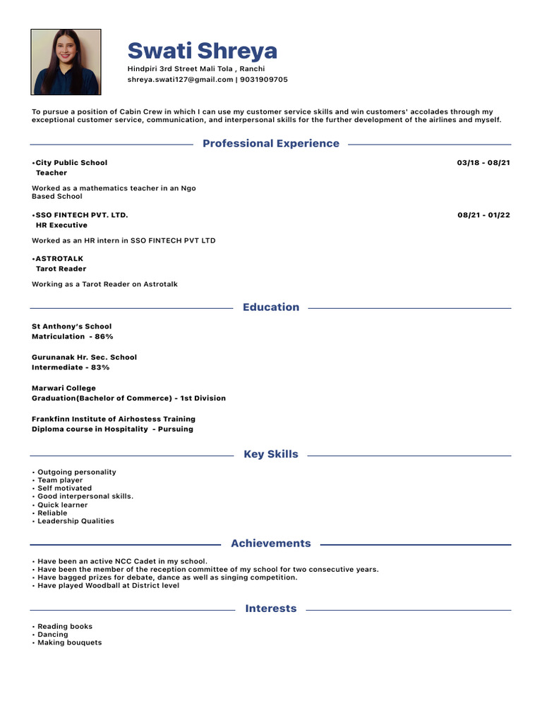 Cabin Crew Resume of Swati Shreya | PDF