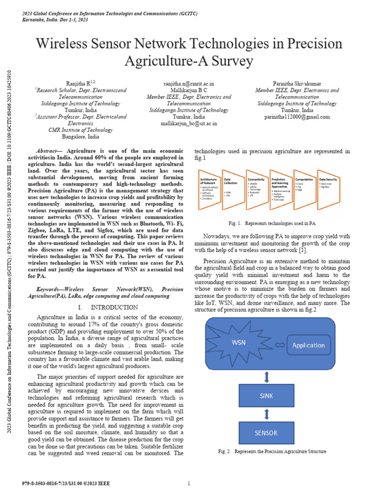 Wireless Sensor Network Technologies In Precision Agriculture A Survey 2023 24 Pdf Computer