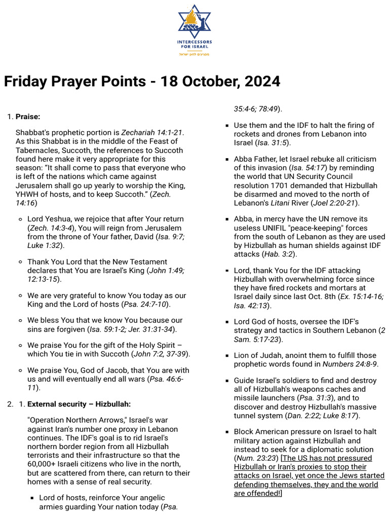 Friday Prayer Points - 18 October, 2024 - Intercessors For Israel | PDF ...