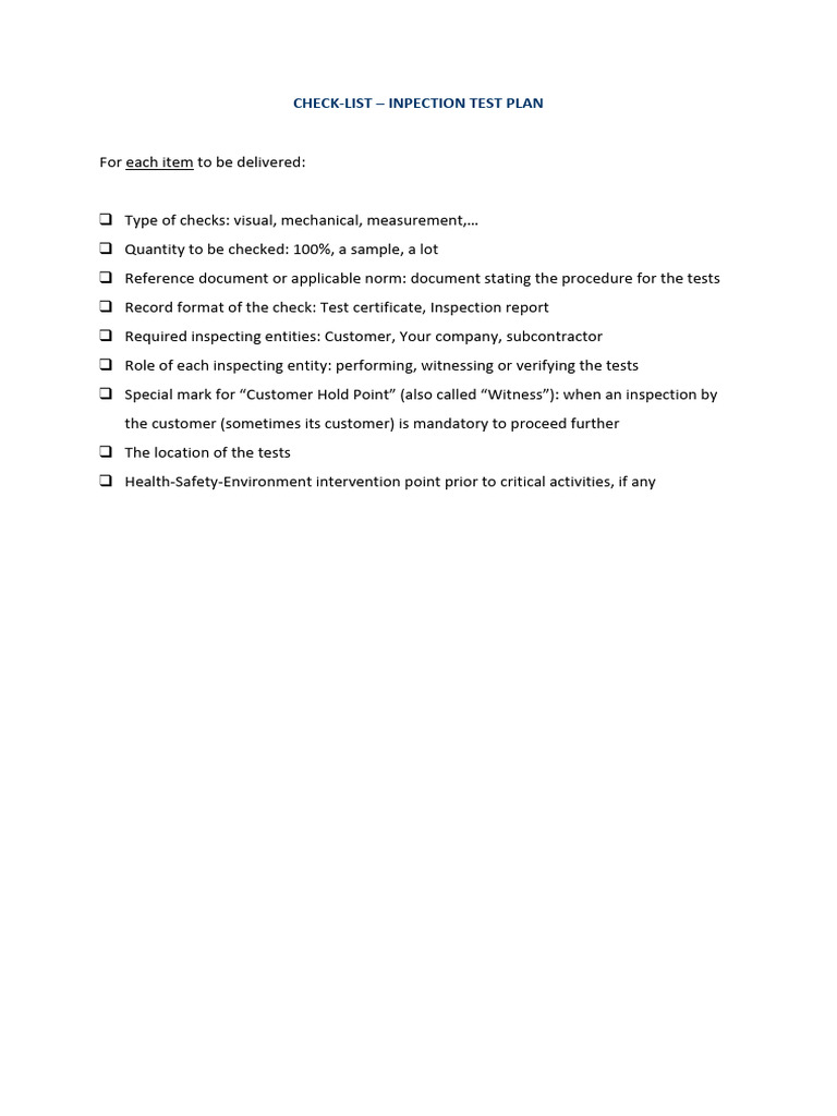 Projectence-Check-List-Inspection-Test-Plan | PDF
