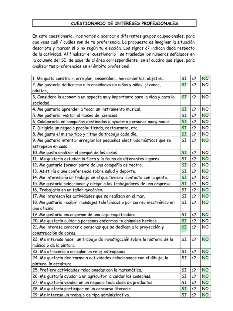 Cuestionario de Intereses Profesionles | PDF