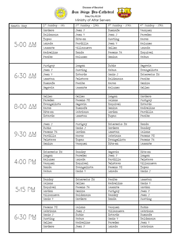 May Altar Servers Schedule - Bacolod | PDF