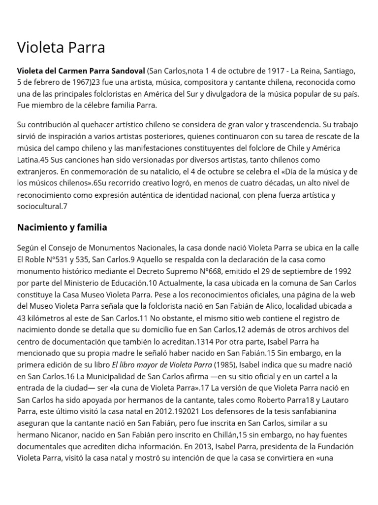 Violeta Parra: Nacimiento y Familia | PDF | Arte