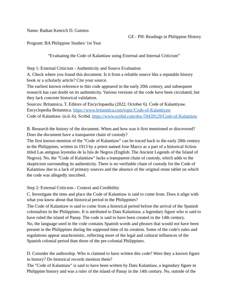 Evaluating The Code of Kalantiaw Using External and Internal Criticism ...