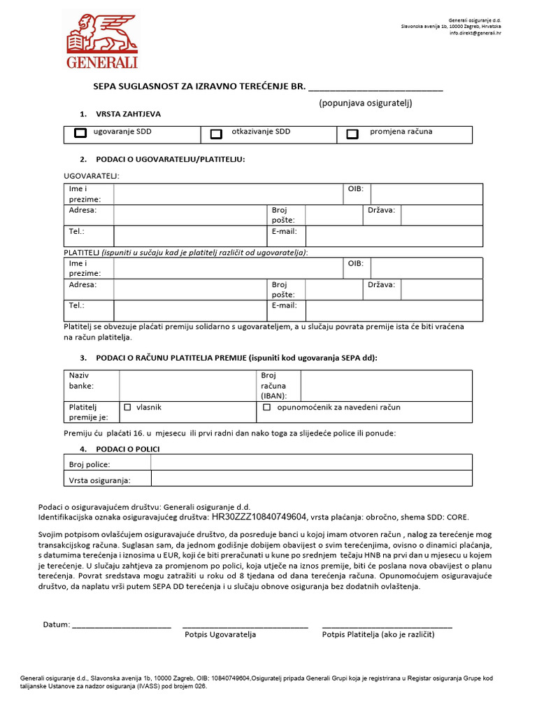 Obrazac Za Ugovaranje SEPA | PDF