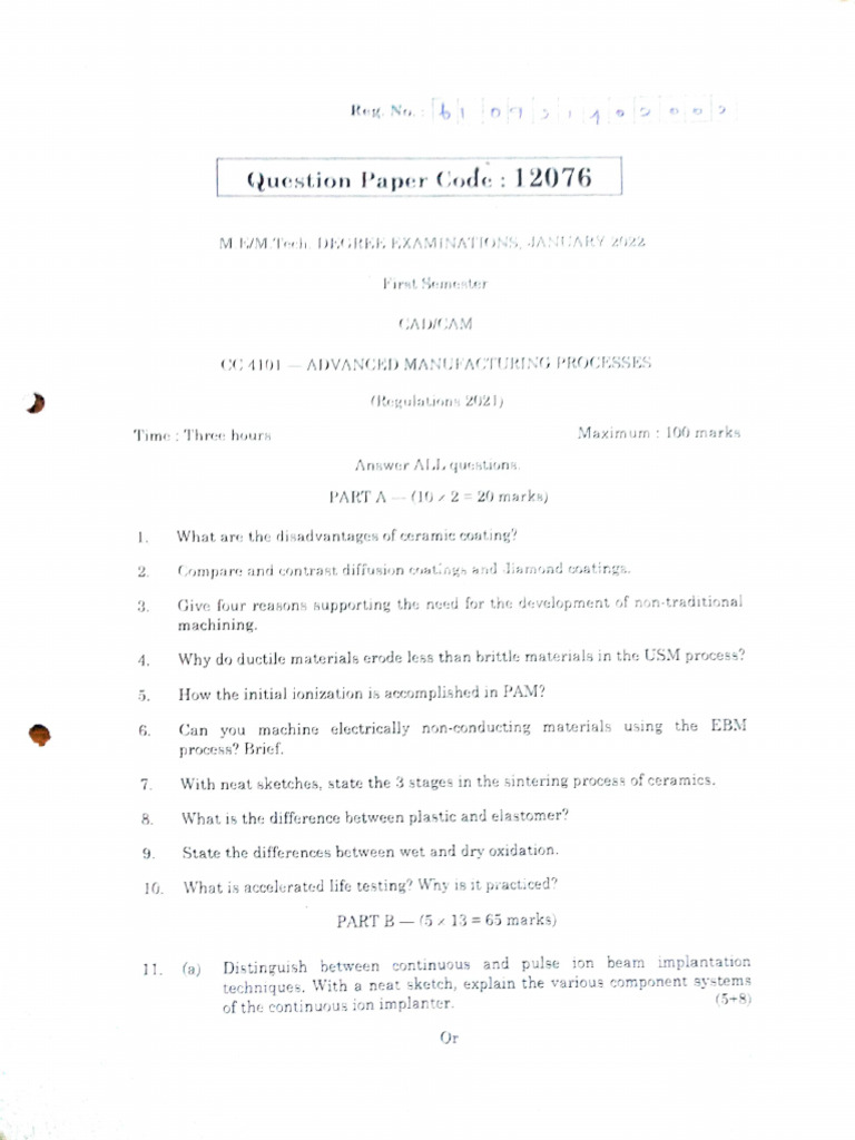Advanced Manufacturing Processes Exam | PDF | Machining | Building ...