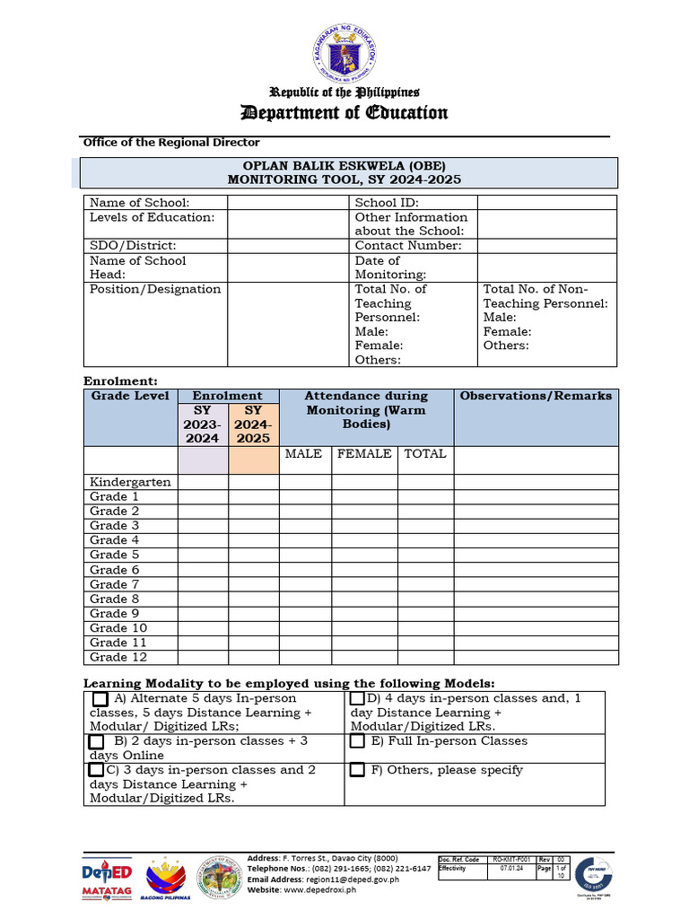 Oplan Balik Eskwela 2025 Monitoring Tool | PDF