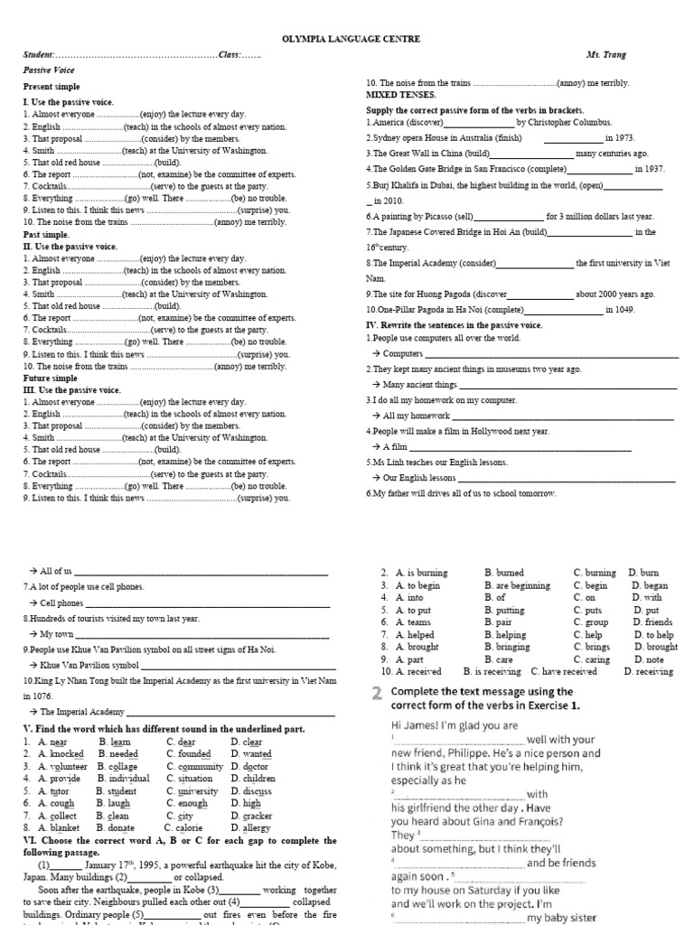 Student: Class: . Ms. Trang Passive Voice | PDF | Linguistics