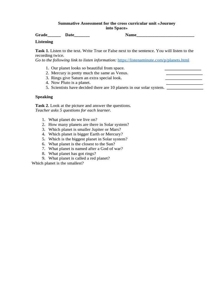 Space Unit Assessment Guide | PDF | Language Arts & Discipline ...