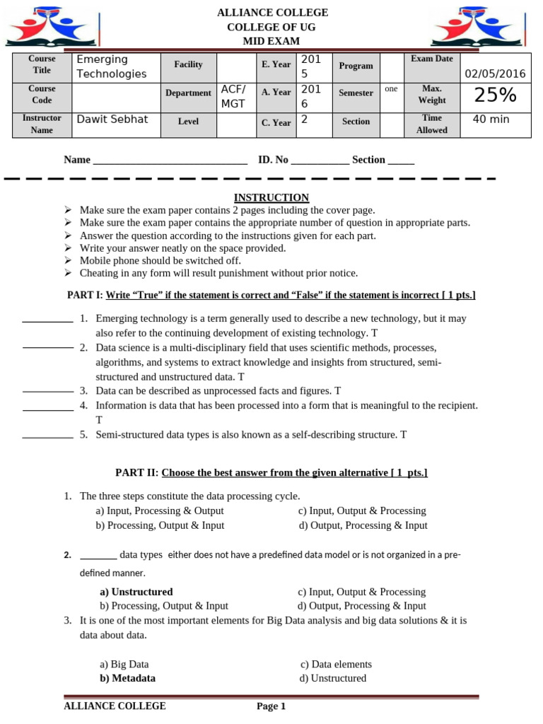 MID_Exam For Emerging technology | PDF | Data | Big Data