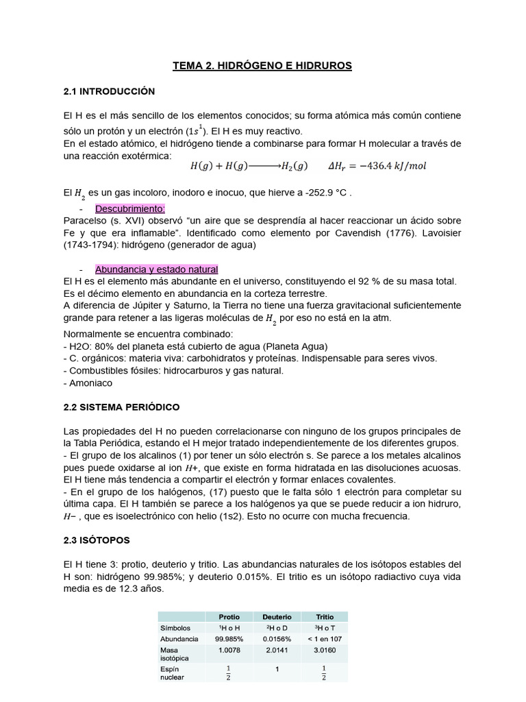 RESUMEN QI1 tema 2 | PDF | Hidrógeno | Moléculas