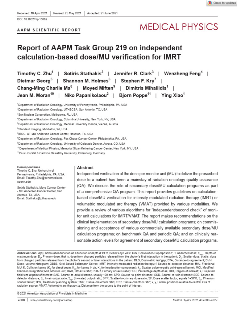 Medical Physics - 2021 - Zhu - Report of AAPM Task Group 219 On ...