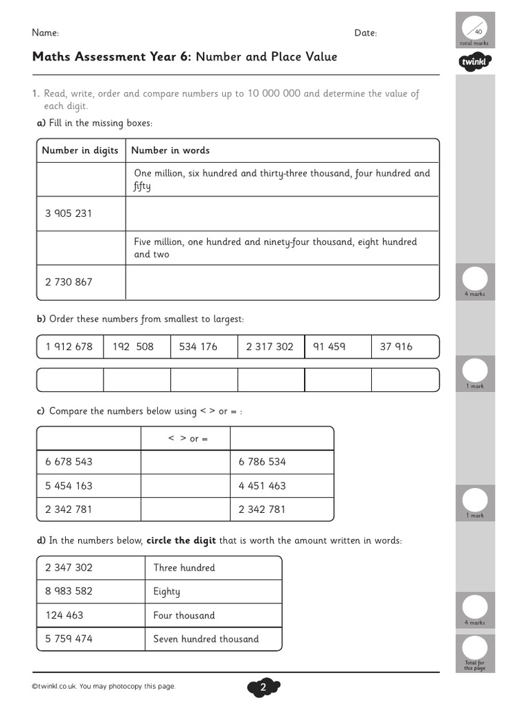 Year 6 Maths: Number & Place Value Assessment | PDF | Mathematics