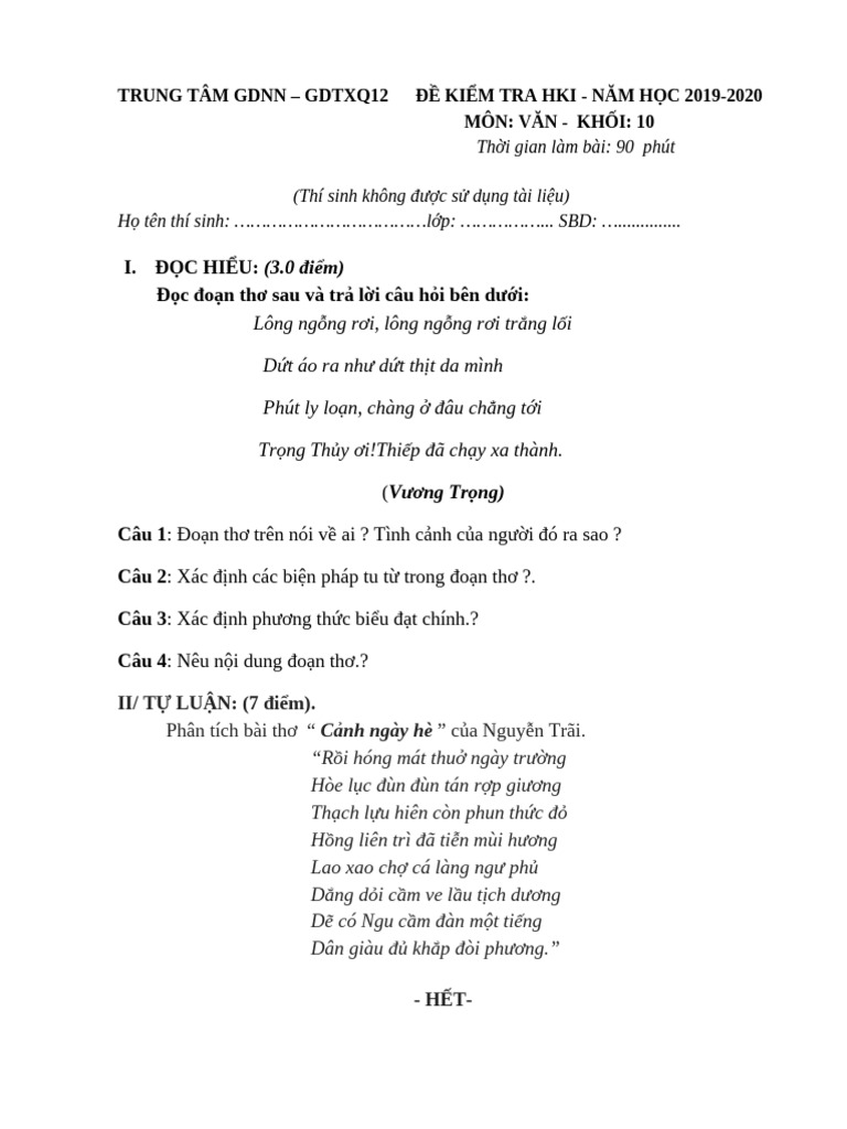 10 ĐỀ HKI, 2019- 2020, C DUNG, CẢNH NGÀY HÈ | PDF