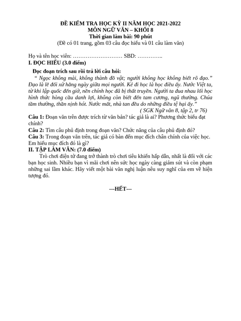 ĐỀ 8 - KTRA HK II - NH 2021-2022 | PDF