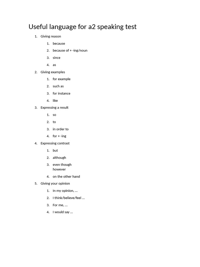 Essential Phrases for A2 Speaking Test | PDF