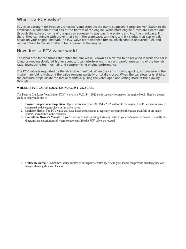 PCV Valve Guide for JAC JS4 Owners | PDF