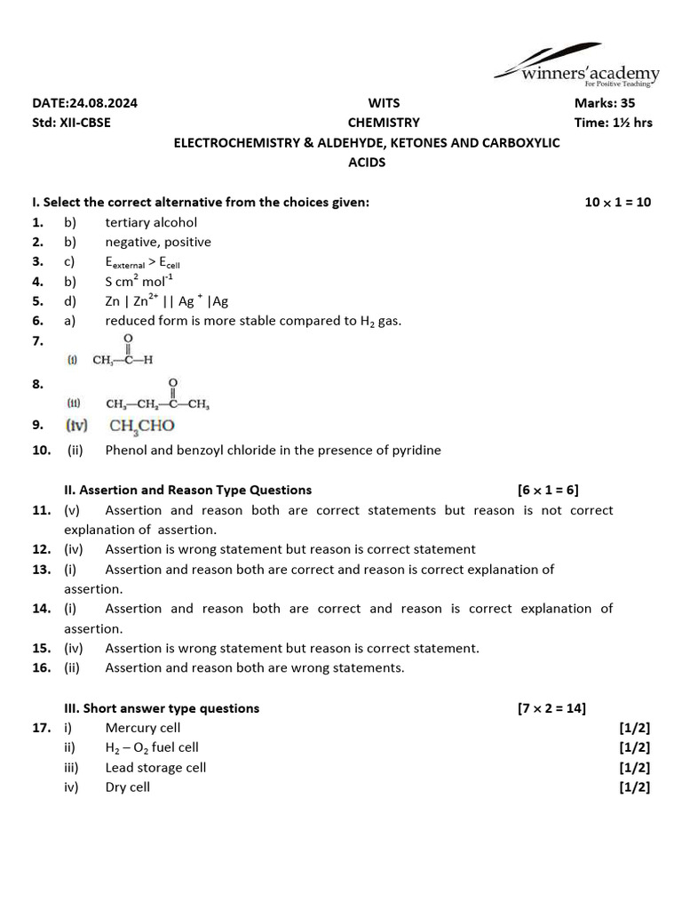 XII-CBSE Chem Electrochemistry & Aldehyde, Ketones & Carboxylic Acid 24 ...