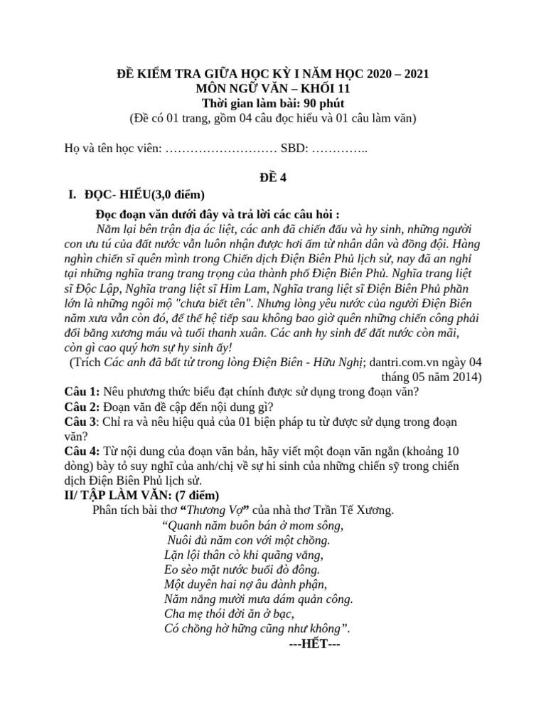 11-C DUNG ĐỀ KIỂM TRA GIỮA HỌC KỲ I NĂM HỌC 2020-K11 | PDF