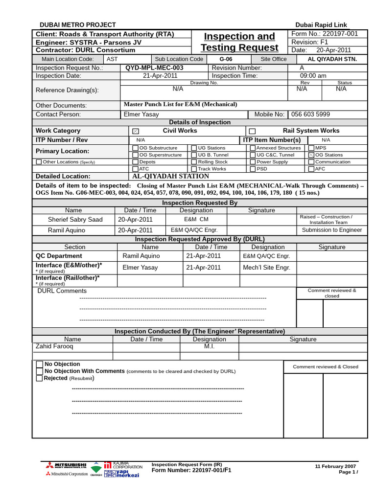 ME G06 Closing MPL-MEC-003 (21apr2011) .Docx (Final) | PDF | Rapid Transit | Rail Transport