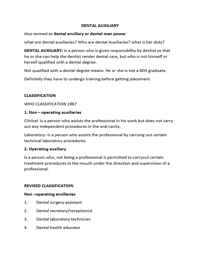 Dental Auxiliary Roles Explained | PDF | Dentistry | Dental Hygienist