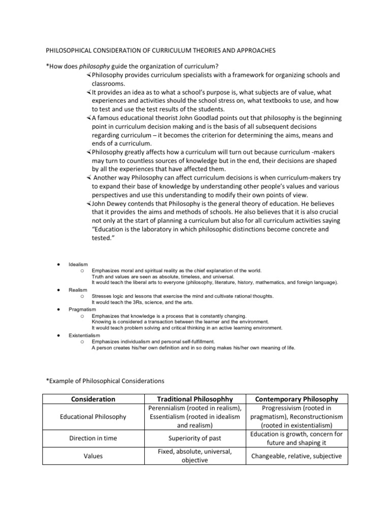 Philosophical Consideration of Curriculum Theories and Approaches | PDF
