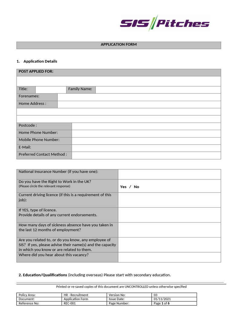 SIS Application Form 2021 | PDF | Employment | Recruitment