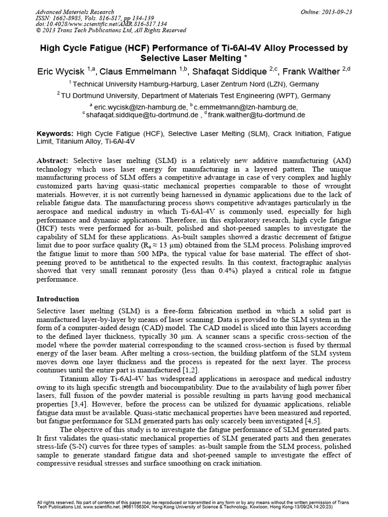2013-High Cycle Fatigue (HCF) Performance of Ti-6Al-4V Alloy Processed ...