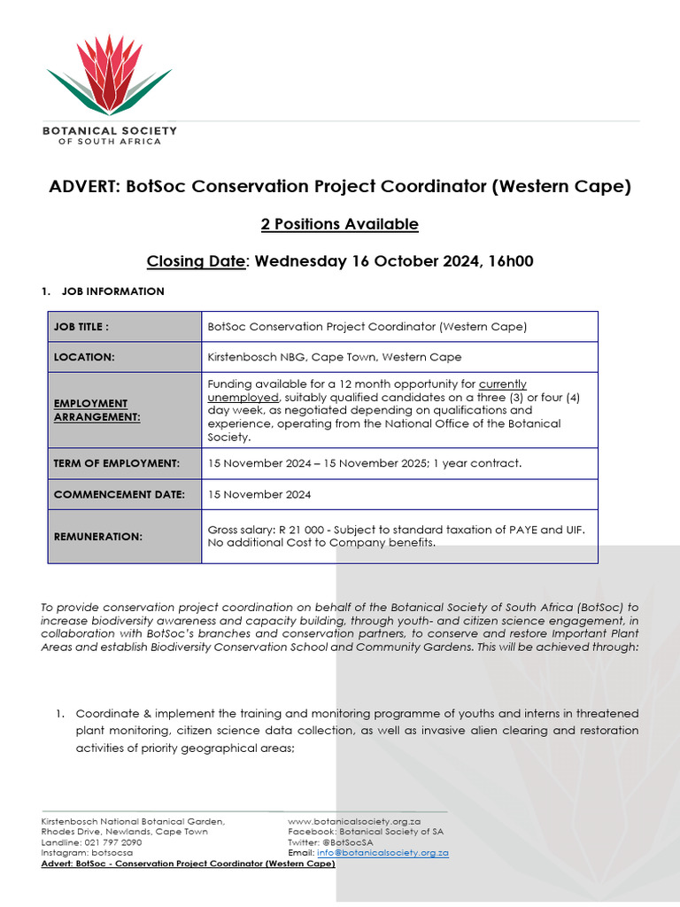 BotSoc Advert Western Cape Conservation Project Coordinator 3 October ...