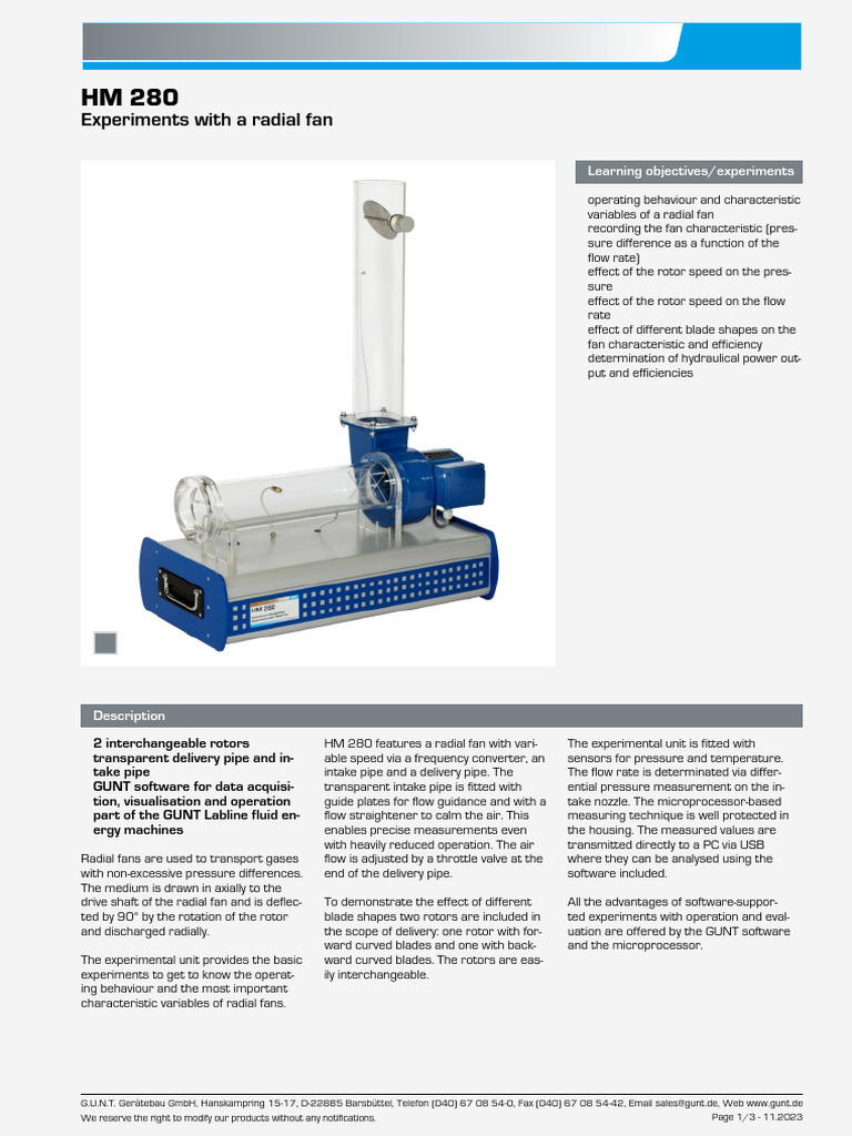 HM 280 Experiments With A Radial Fan Gunt 834 PDF - 1 - en GB | PDF ...