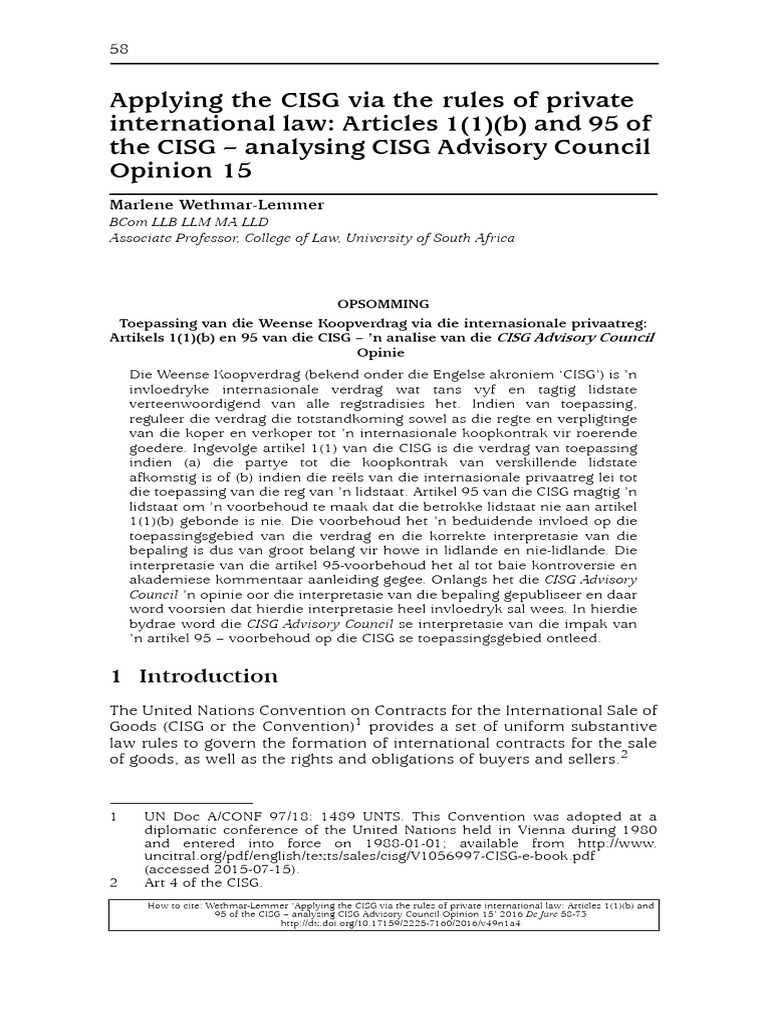 Wethmar-Lemmer Applying The CISG | PDF | International Law | Treaty