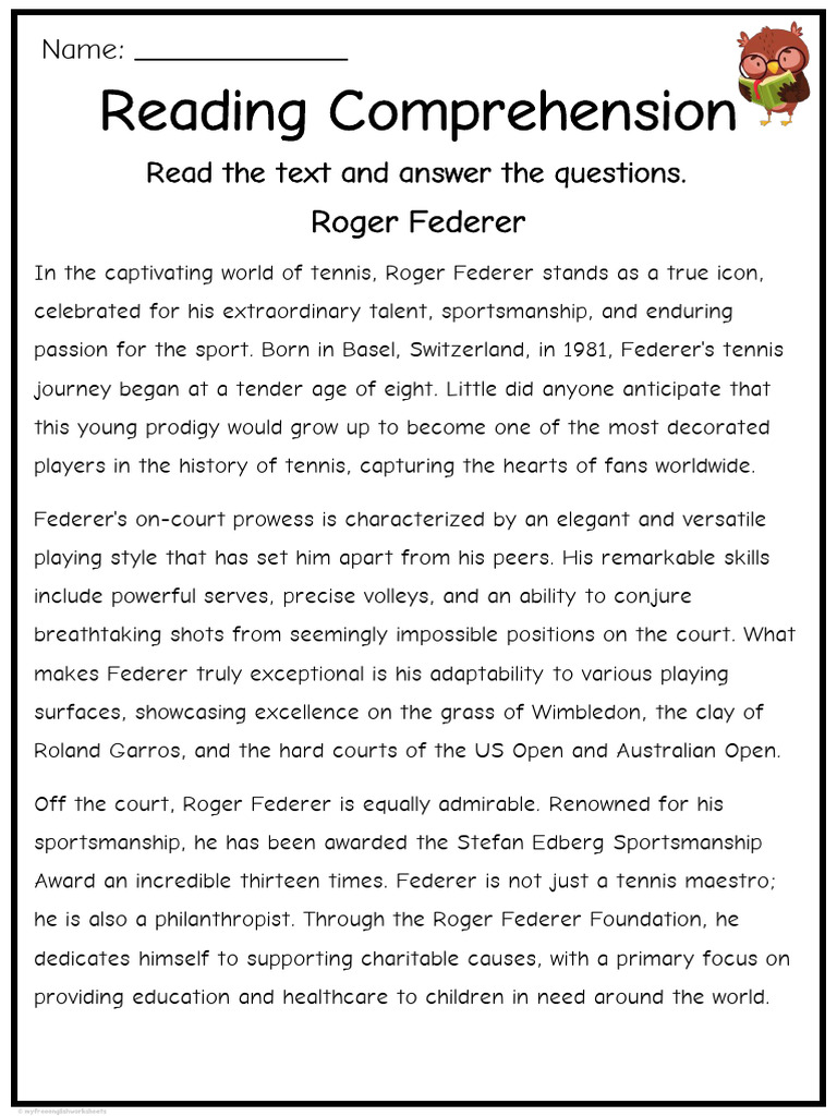 Reading Comprehension Grade 5 Non Fiction Roger Federer | PDF | Roger ...