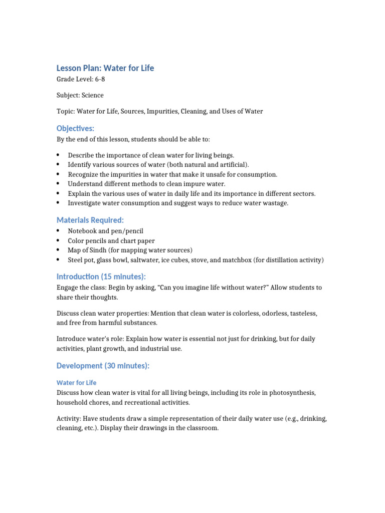 Lesson Plan Water For Life | PDF | Water | Water Pollution
