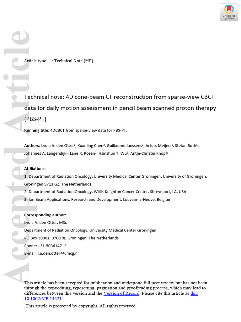 Technical Note - 4D Cone Beam CT Reconstruction From Sparse View CBCT Data For Daily Motion ...