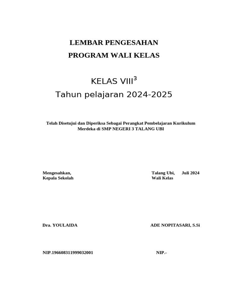 Lembar Pengesahan Cover Wali Kelas | PDF